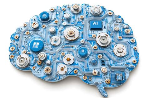 Complex Blue Circuit Board Shaped Brain Featuring Gears Microchips Intricate Tech Patterns