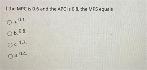 Solved If The MPC Is 0 6 And The APC Is 0 8 The MPS Equals Chegg Com