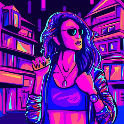 Synthwave Digital Art Of A Young Woman In A City Under Neon Lights