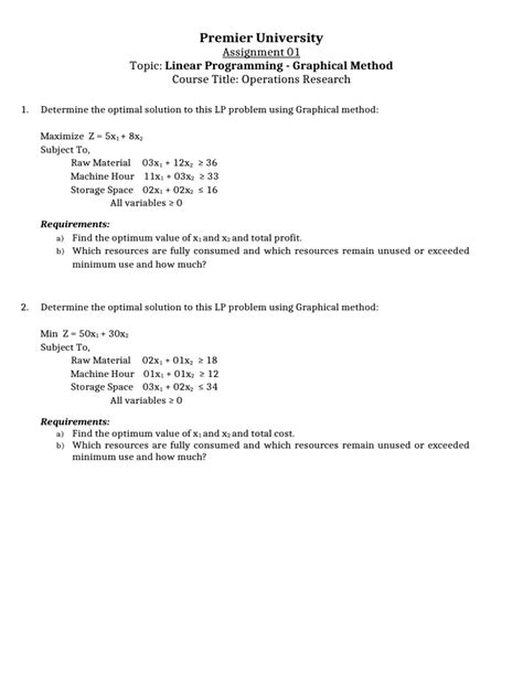 Assignment 01 Linear Programming Graphical Method Pdf
