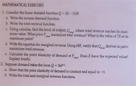 Solved Mathematical Exercises 1 Consider The Linear Demand