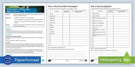 Persoonlike Eienskappe Werkkaart Graad 6 Teacher Made