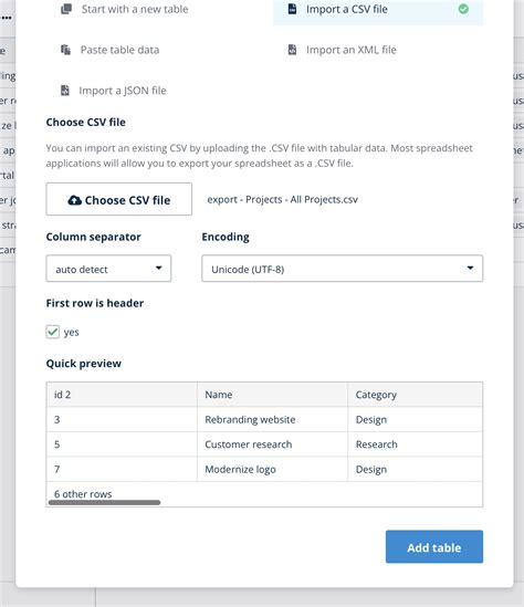 create a table via import baserow