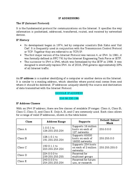 Ip Addressing The Ip Internet Protocol Pdf Internet Protocols Ip Address
