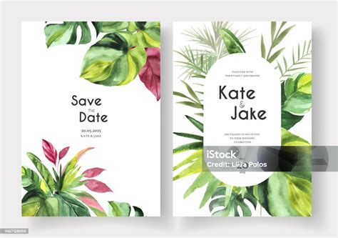 수채화 열대 잎과 웨딩 카드 세트 날짜 및 초대 템플릿을 저장합니다 열대 기후에 대한 스톡 벡터 아트 및 기타 이미지 열대 기후 국경 꽃 식물 Istock