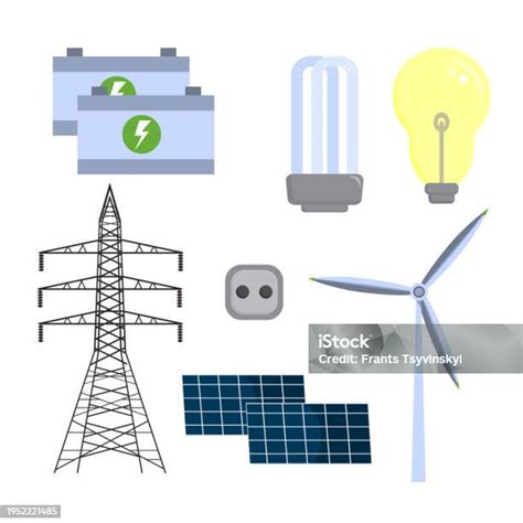 만화 스타일의 다양한 유형의 전기 세트 전기 요소의 벡터 그림 축압기 주도 전구 전기 타워 태양 전지 콘센트 바람 역 0명에 대한 스톡 벡터 아트 및 기타 이미지 Istock