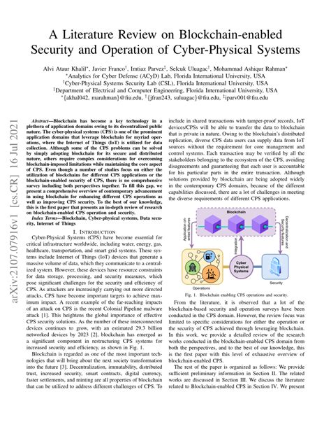 Pdf A Literature Review On Blockchain Enabled Security And Operation Of Cyber Physical Systems