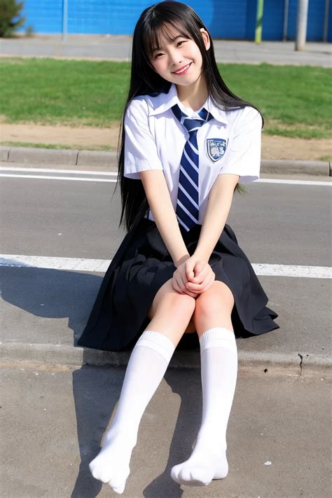Cute High School Girls、long Black Hair、idol Style、standing In An Empty