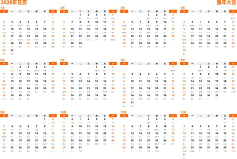 日历表2028年日历 中文版 横向排版 周日开始 带农历 带节假日调休安排 模板[df008] 日历精灵