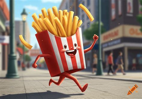 A Happy Cartoon French Fries Character With Arms And Legs Runs On A
