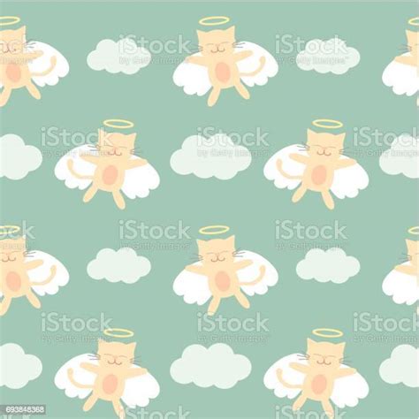 귀여운 사랑 스러운 만화 천사 고양이 하늘 원활한 벡터 패턴 배경 일러스트 레이 션에 비행 고양잇과에 대한 스톡 벡터 아트 및 기타 이미지 고양잇과 구름 귀여운