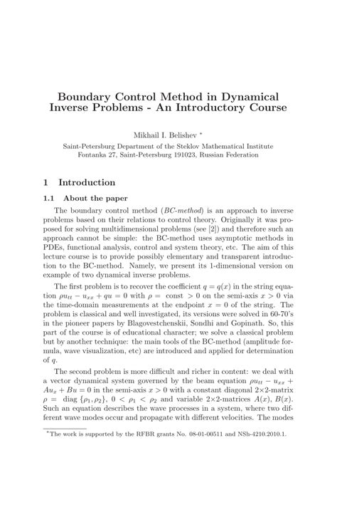 Pdf Boundary Control Method In Dynamical Inverse Problems — An Introductory Course