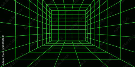3d Wireframe Room In Acid Green Abstract Perspective Grid Retro