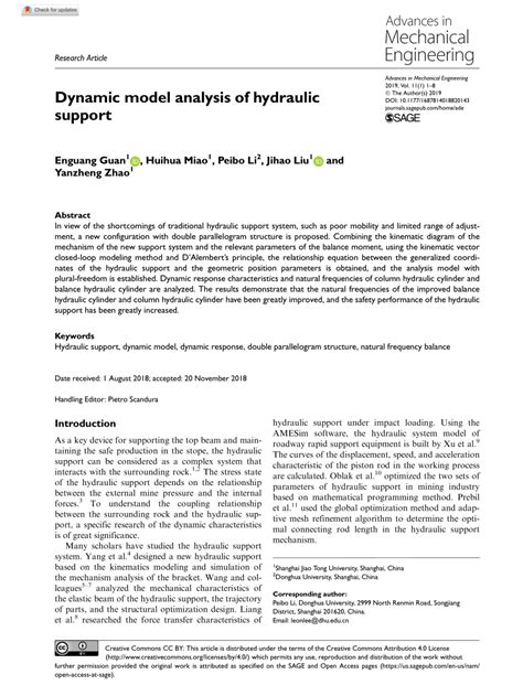 Pdf Dynamic Model Analysis Of Hydraulic Support