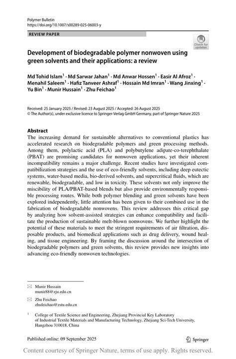 Development Of Biodegradable Polymer Nonwoven Using Green Solvents And