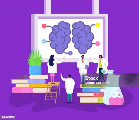혁신적인 실험실 사람들은 인간의 뇌 벡터 일러스트레이션을 연구 혁신 해부학을 공부 만화 평면 작은 의사 과학자 캐릭터 가공의 인물에 대한 스톡 벡터 아트 및 기타 이미지