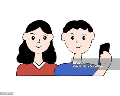 사랑에 빠진 십대 몇 명이 함께 시간을 보냅니다 스마트 폰에서 자신의 사진을 찍는 벡터 만화 걷기에 대한 스톡 벡터 아트 및 기타 이미지 Istock