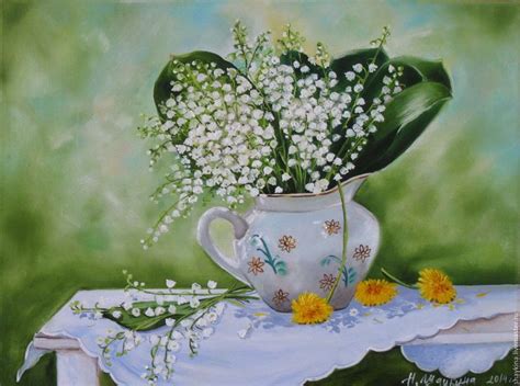 Картина маслом Ландыши на зеленом