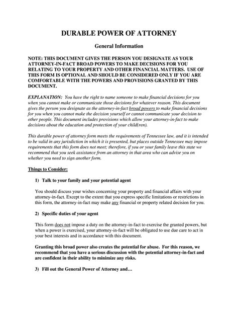 Printable Durable Power Of Attorney Form Tennessee Printable Forms
