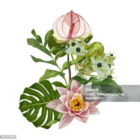 열대 초대장 꽃 초대 감사합니다 Rsvp 현대 카드 디자인 연꽃 베들레헴의 별 또는 잔디 백합 꽃과 녹색 식물과 잎이있는 열대 꽃다발 세트 0명에 대한 스톡 벡터 아트 및