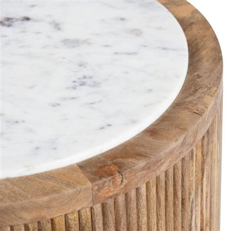 Santorini Reeded Brown Mango Wood Round End Table With White Marble Top