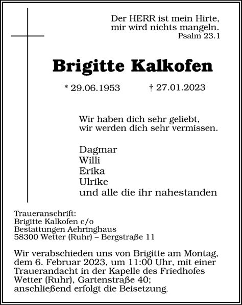 Traueranzeigen Von Brigitte Kalkofen Trauer In Nrwde