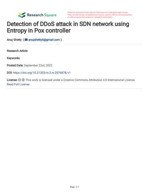 Pdf Detection Of Ddos Attack In Sdn Network Using Entropy In Pox
