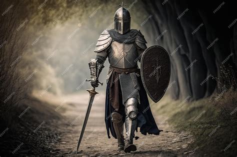 Guerrero Medieval Con Armadura Caminando Con Espada Y Escudo Foto Premium