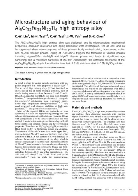 Pdf Microstructure And Aging Behaviour Of Al5cr32fe35ni22ti6 High Entropy Alloy