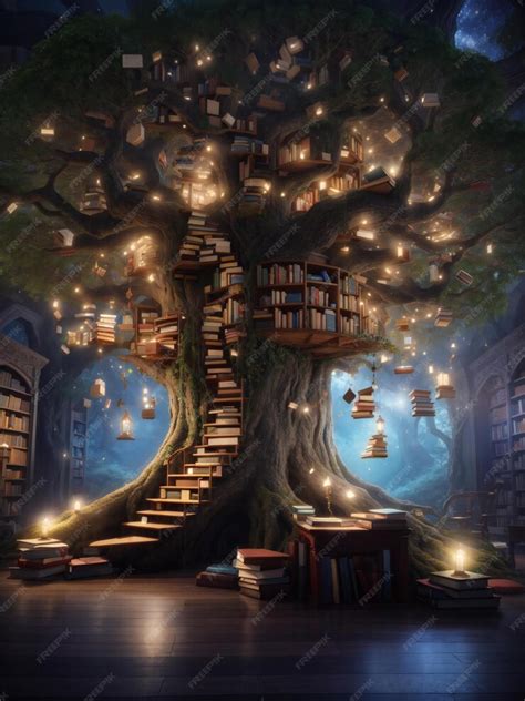 Premium AI Image | A library within a giant tree filled with floating books and magical artifacts