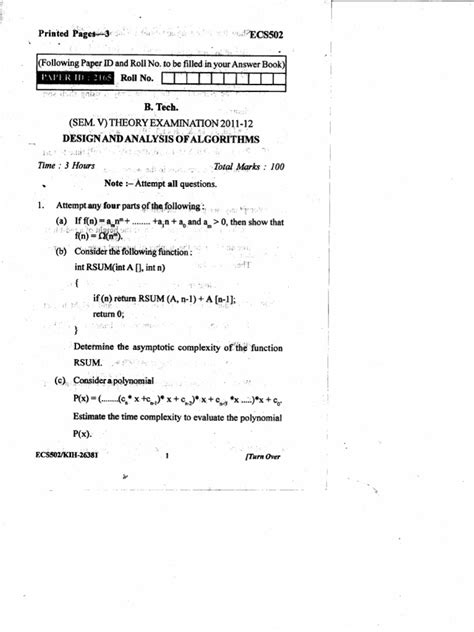 Btech Cs 5 Sem Design And Analysis Of Algorithms Ecs 502 2012 Pdf Combinatorics Algorithms