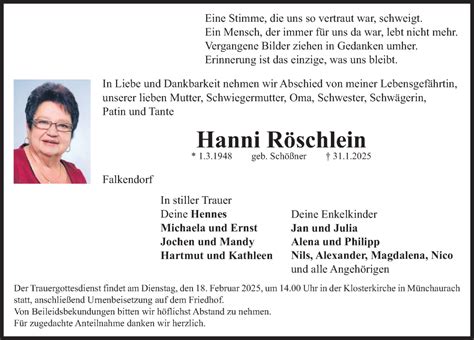 Traueranzeigen Von Hanni Röschlein Trauer Nn De