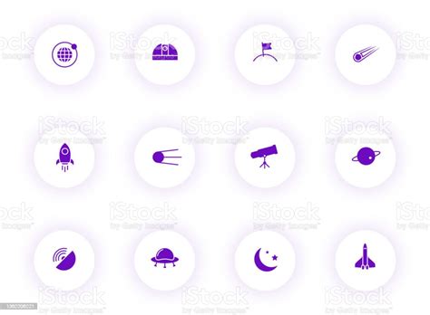 보라색 그림자가있는 라이트 라운드 버튼에 녹색 색상 벡터 아이콘을 공간 웹 모바일 앱 Ui 디자인 및 인쇄를 위한 공간 아이콘 설정 과학에 대한 스톡 벡터 아트 및 기타