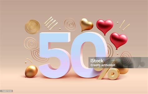 메가 세일 특별 제공 무대 연단 퍼센트 50 무대 연단 심장 황금 풍선 장식 요소 배경 벡터 1위에 대한 스톡 벡터 아트 및 기타 이미지 Istock