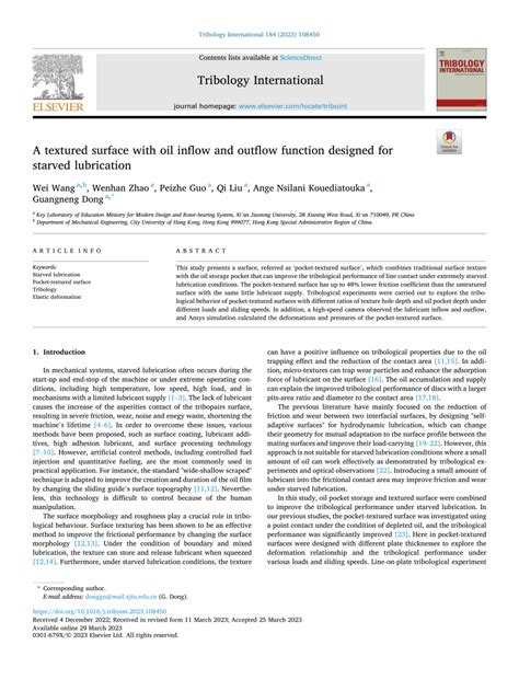 Pdf A Textured Surface With Oil Inflow And Outflow Function Designed For Starved Lubrication