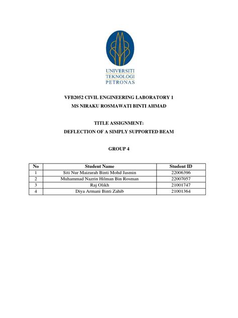 Lab Report Deflection Of A Simply Supported Beam G4 Pdf Beam Structure Experiment