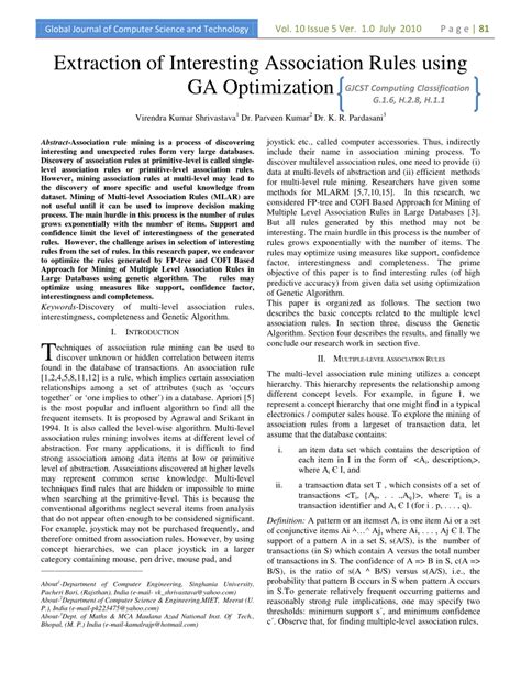 Pdf Extraction Of Interesting Association Rules Using Ga Optimization