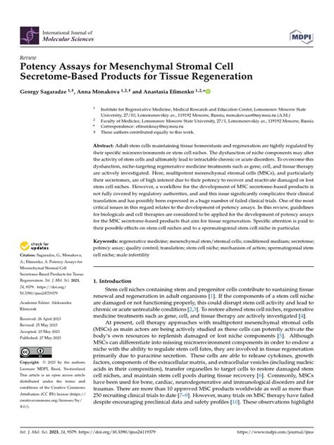 Potency Assays For Msc Secretome Based Product For Tissue Regeneration Pdf