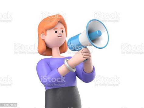 발표를 위해 확성기를 사용하는 웃는 유럽 사업가 Ellen의 3d 그림 흰색 배경에 3d 렌더링 Publicity Event에 대한 스톡 사진 및 기타 이미지 Istock