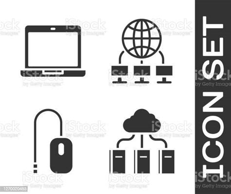 클라우드 또는 온라인 라이브러리 랩톱 컴퓨터 마우스 및 컴퓨터 네트워크 아이콘을 설정합니다 벡터 노트북에 대한 스톡 벡터 아트