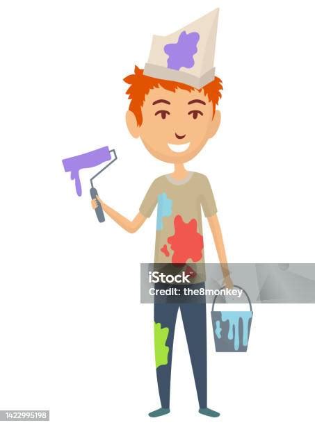 아이 직업 화가 전문 유니폼을 입은 만화 젊은이 귀여운 어린이 직업 벡터 일러스트 레이 션 직업 정장의 소년 캐릭터 가공의 인물에 대한 스톡 벡터 아트 및 기타 이미지