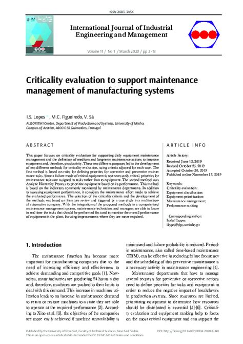 Pdf Criticality Evaluation To Support Maintenance Management Of Manufacturing Systems