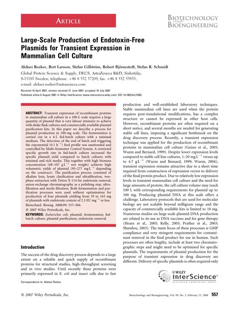 Pdf Large Scale Production Of Endotoxin Free Plasmids For Transient