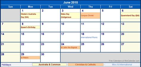 June 2015 Australia Calendar With Holidays For Printing Image Format