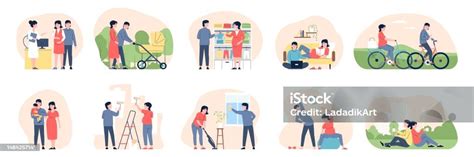 일상 임산부와 남편 커플 활동 의사 방문 쇼핑 및 야외 산책 젊은 아버지와 어머니 부모의 최근 벡터 장면 가족에 대한 스톡 벡터 아트 및 기타 이미지 Istock