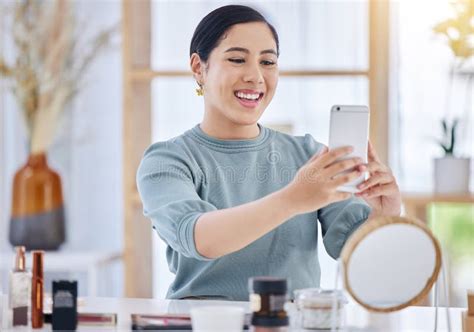 Influencer Cosmetics Or Happy Woman Woman Taking Selfie Or Live