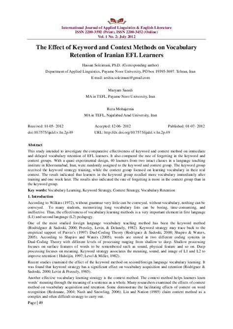 Pdf The Effect Of Keyword And Context Methods On Vocabulary Retention Of Iranian Efl Learners