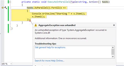 C Aggregateexception During Debugging Forces Restart Of Forall Body