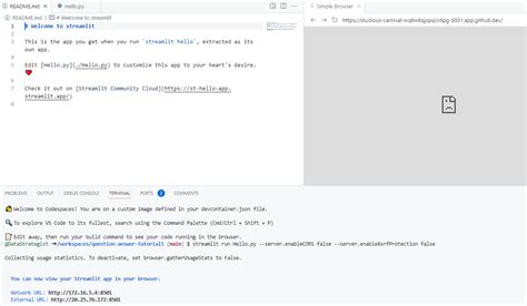 inbrowser codespaces demo timing out custom components streamlit