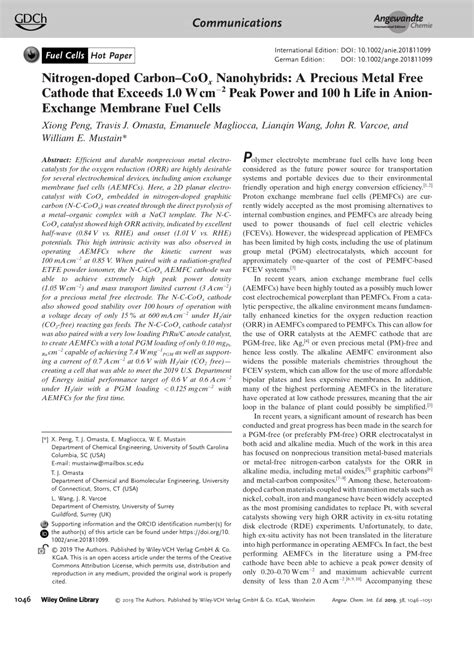 Pdf Nitrogen‐doped Carboncoox Nanohybrids A Precious Metal Free Cathode That Exceeds 10 W